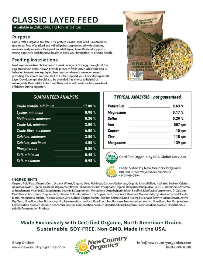 New Country Organics Classic Grind Poultry Layer Feed, Soy Free, 50 Lb